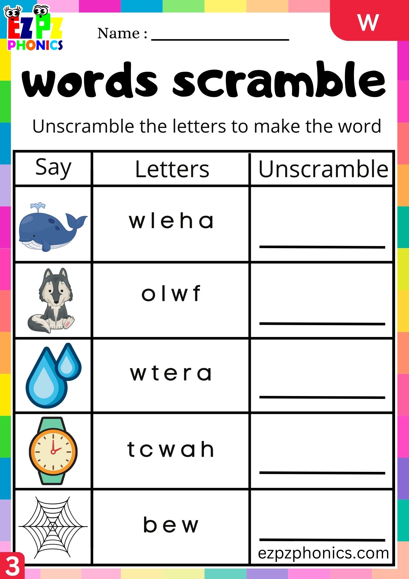 Letter w Word Scramble Write the Words Phonics Activity Group 3 - ezpzphonics.com
